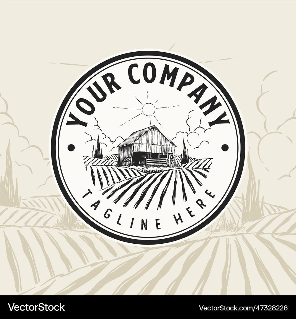 Old barn farm logo field and mountain Royalty Free Vector