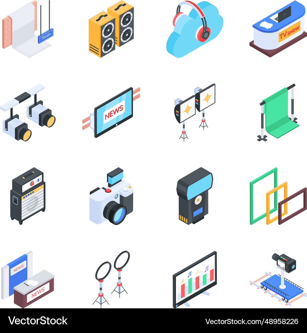 Pack of 16 isometric studio icons Royalty Free Vector Image