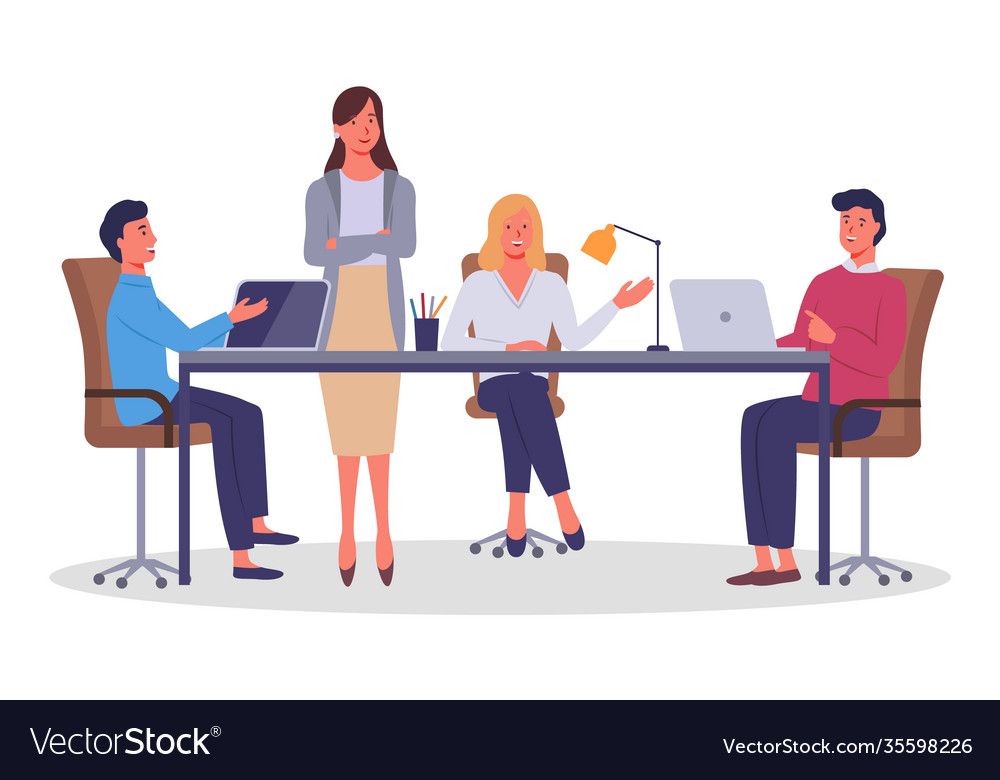 People working in office sitting at table solving Vector Image
