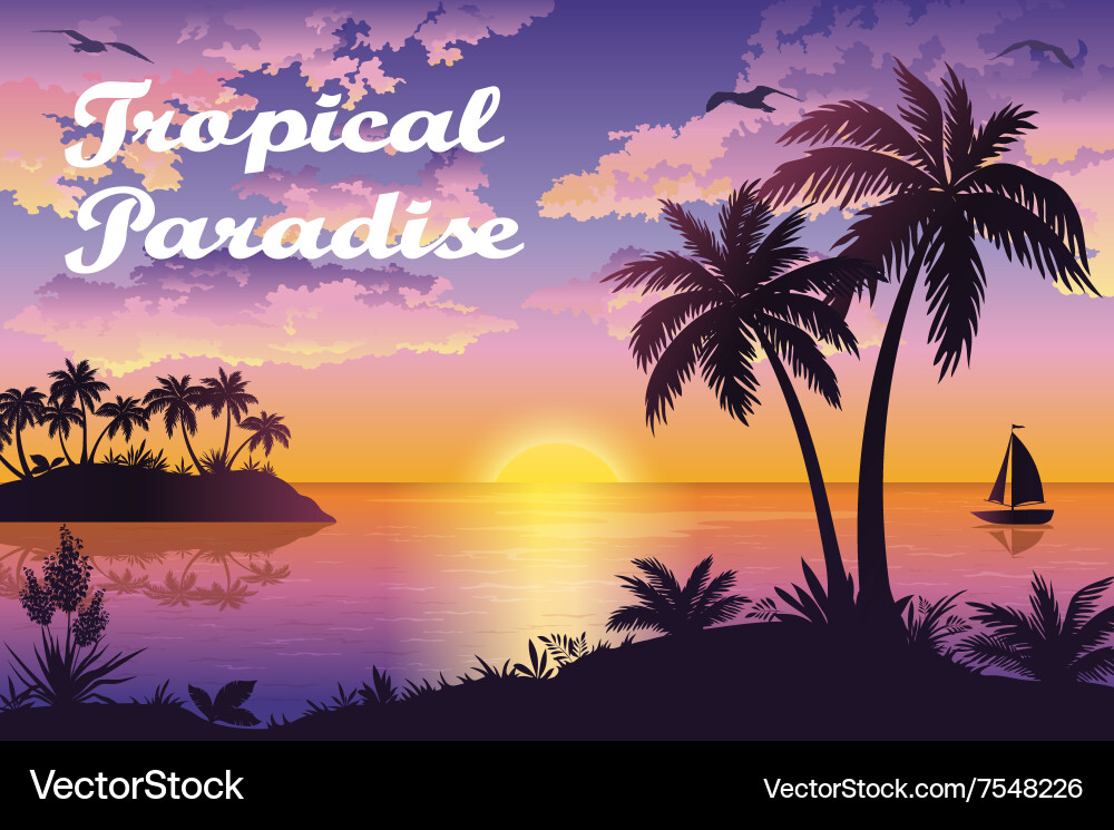 Tropical sea landscape with palms and ship Vector Image