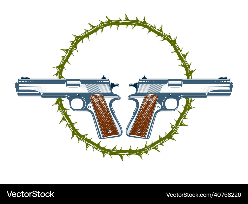 Two crossed handguns emblem or logo isolated Vector Image