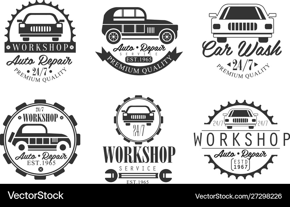 Workshop auto repair service premium retro labels Vector Image