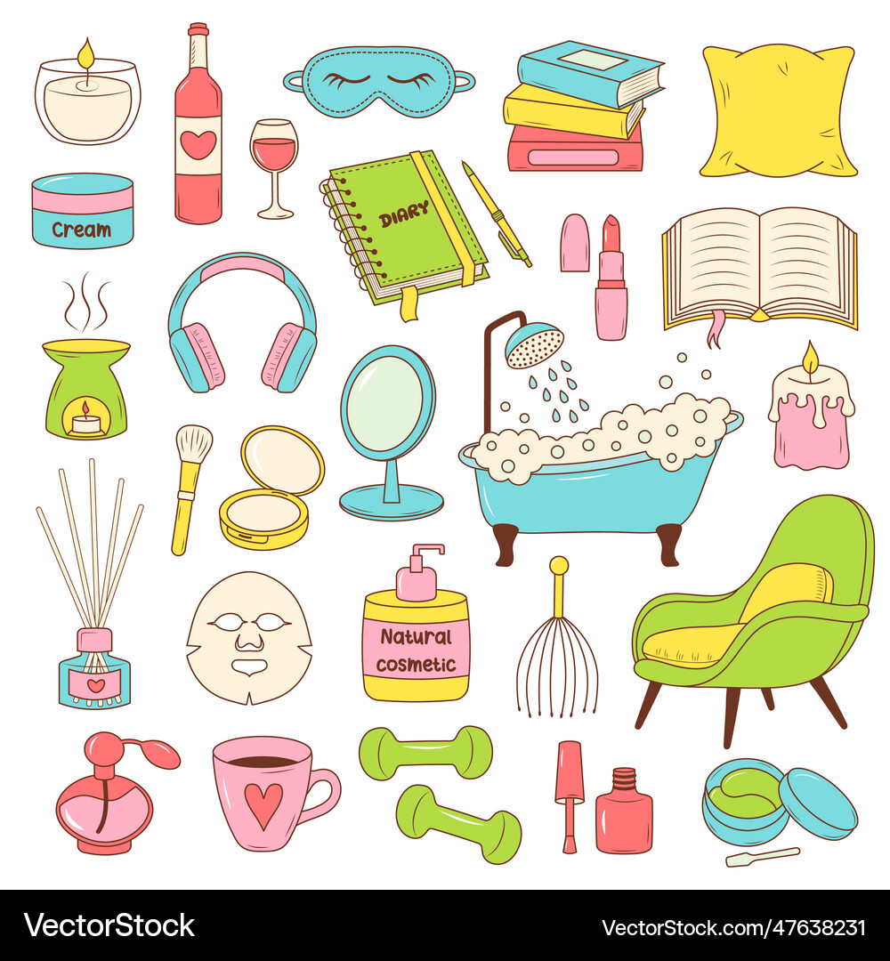 Me time relax self care cartoon doodle set Vector Image