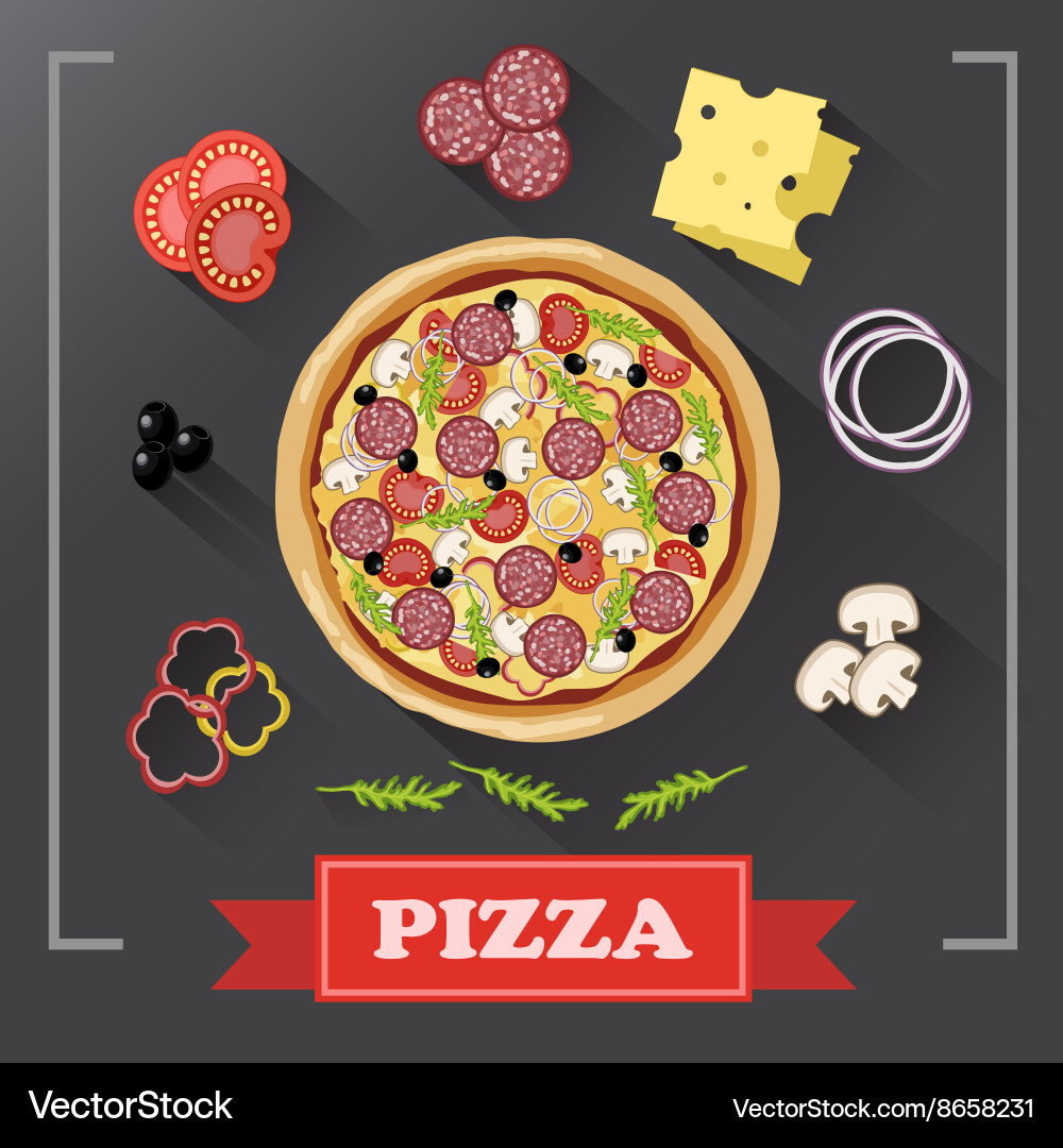 Pizza ingredients parts on chalkboard with signed Vector Image