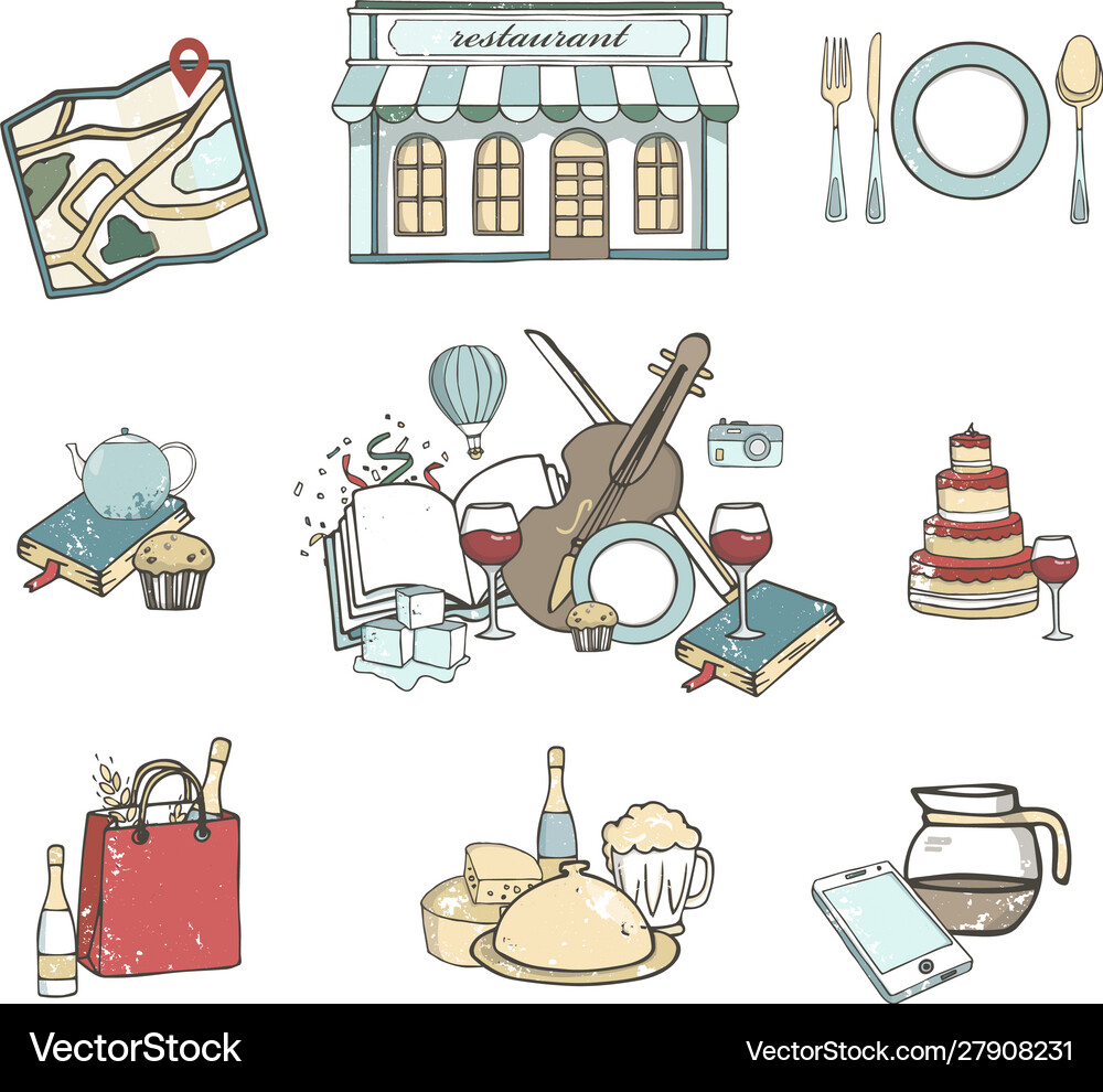 Travel set hand drawn restaurant icons flat Vector Image
