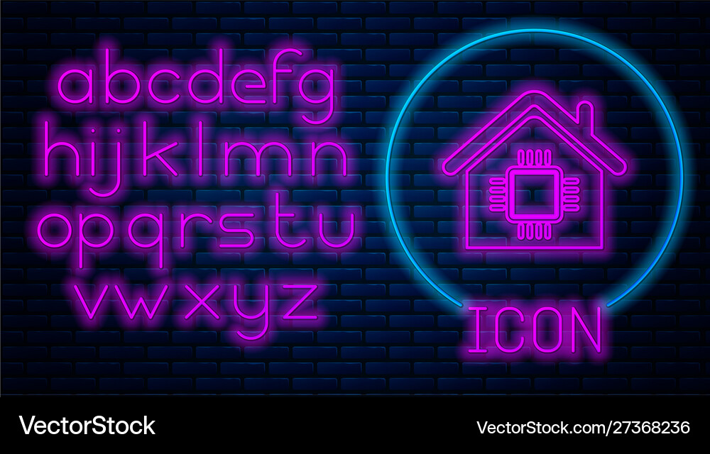 Glowing neon smart home icon isolated on brick Vector Image