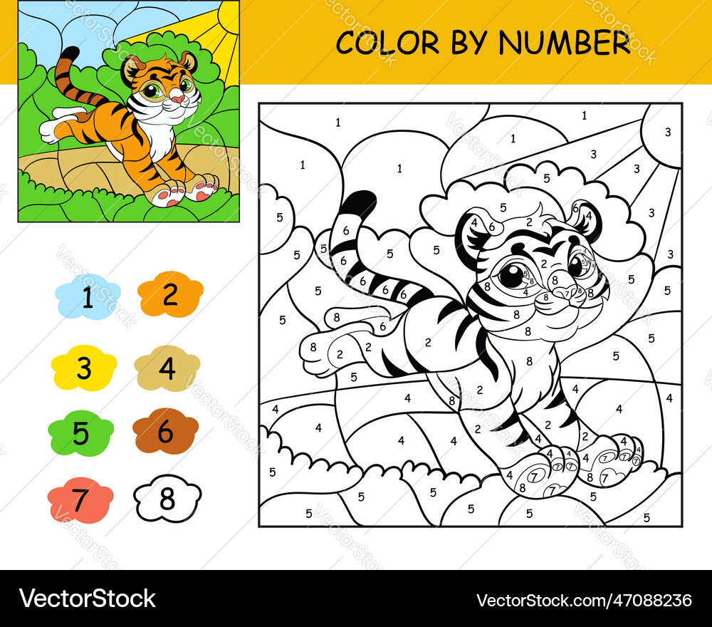 Kids coloring by number running tiger Royalty Free Vector