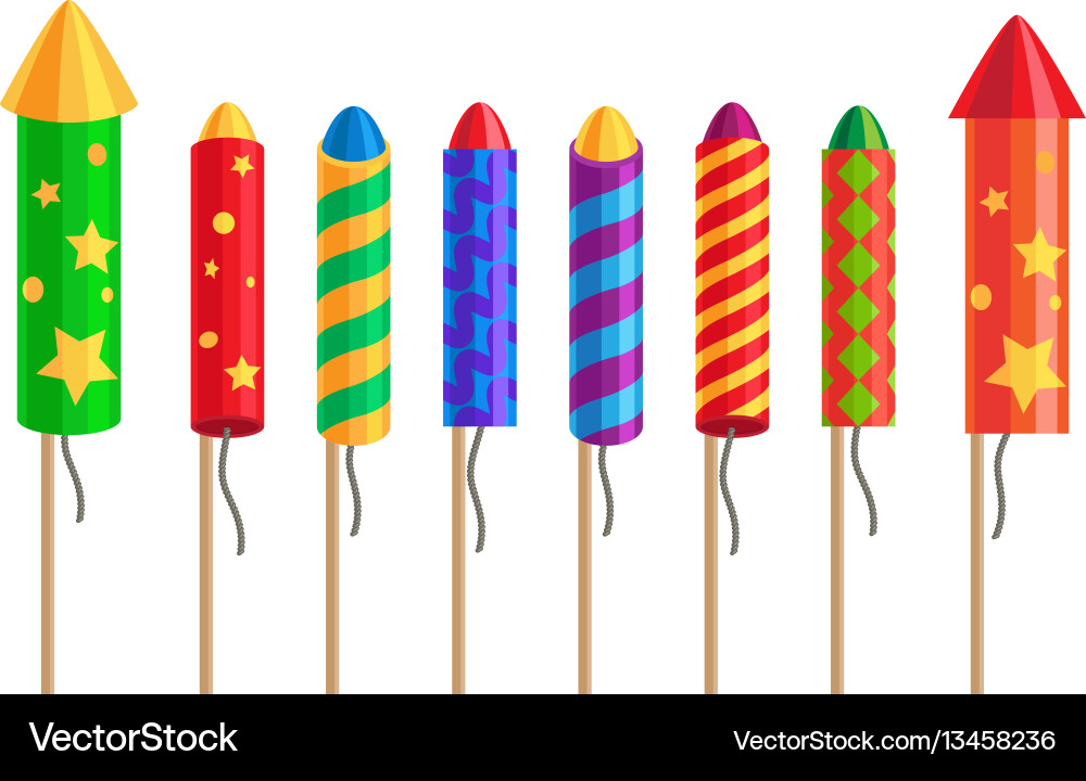 Kinds of fireworks pyrotechnic set rockets Vector Image