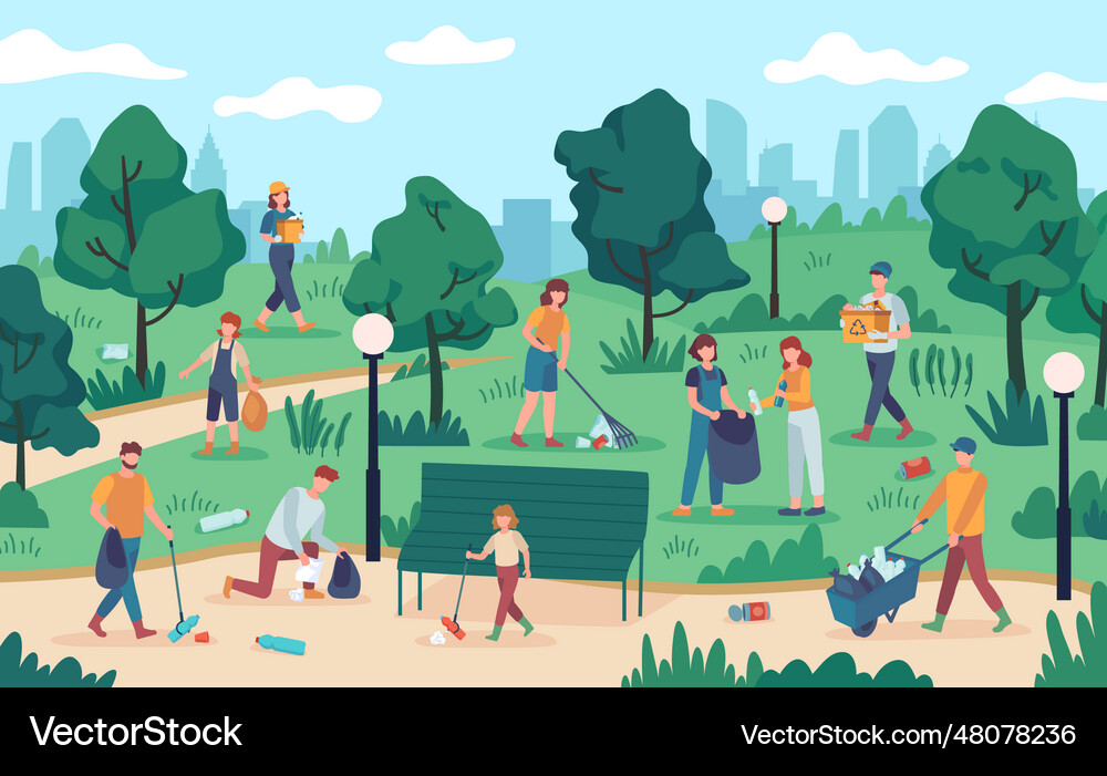 People cleaning park community team collecting Vector Image