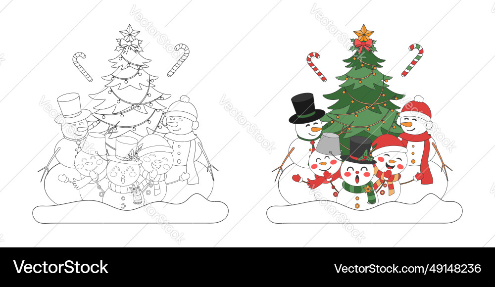 Snowman family with christmas tree Royalty Free Vector Image