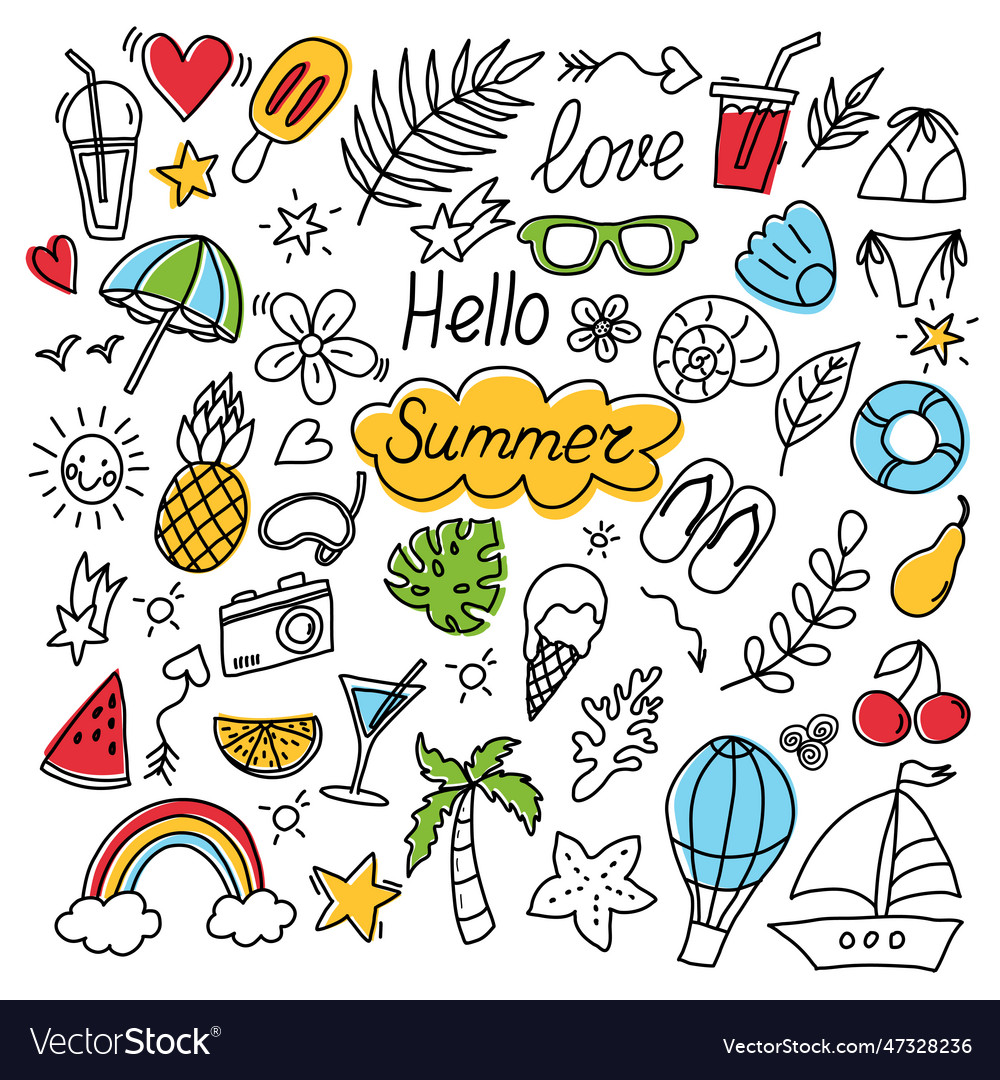 Summer color doodles icon set hand drawn lines Vector Image