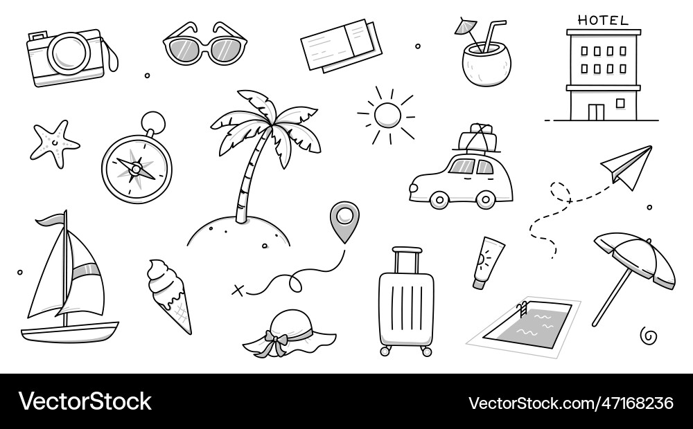 Summer travel vacation drawn set hand Royalty Free Vector