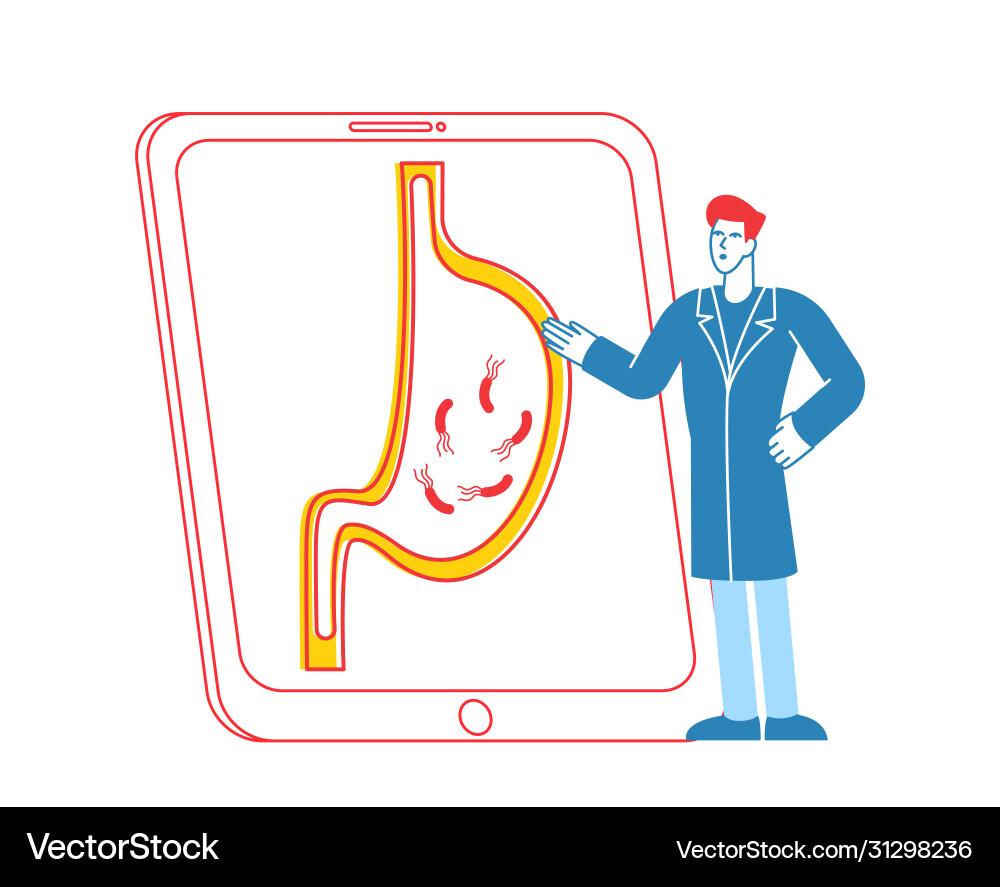 Tiny gastroenterologist male doctor character Vector Image