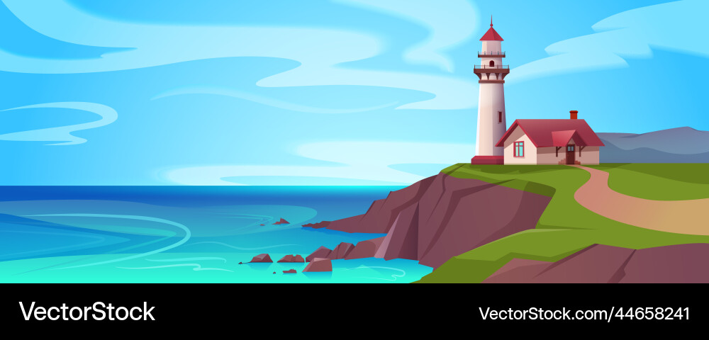 Cartoon lighthouse on sea coast Royalty Free Vector Image