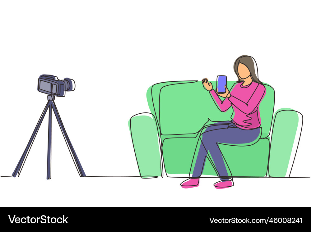 Single one line drawing female influencer filming Vector Image