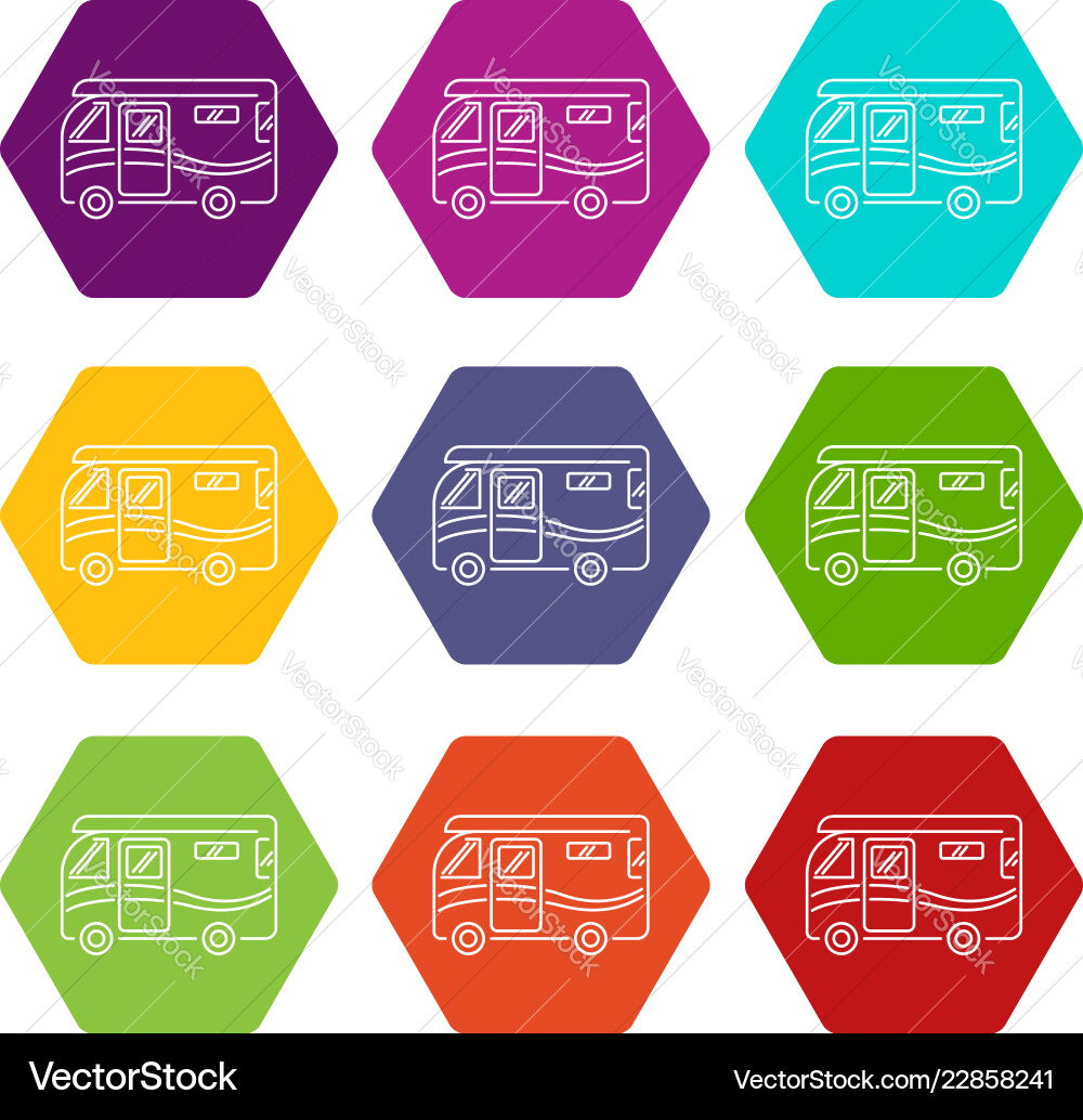 Traveling camper van icons set 9 Royalty Free Vector Image