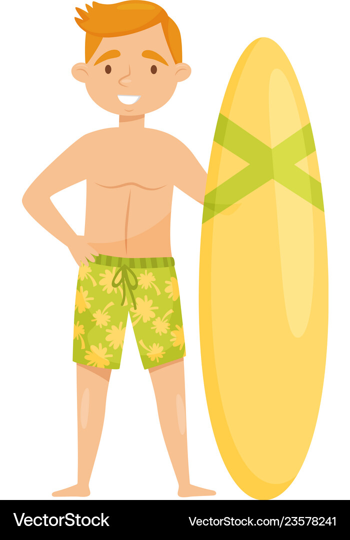 Young smiling guy standing with surfing board man Vector Image