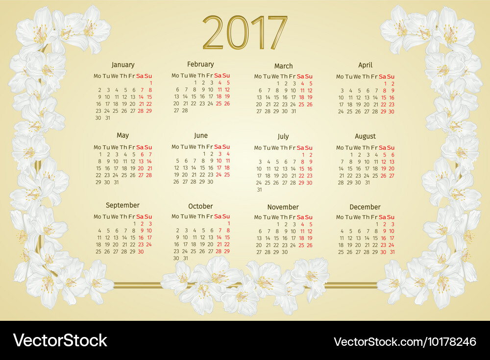 Calendar 2017 with jasmine flowers vintage Vector Image