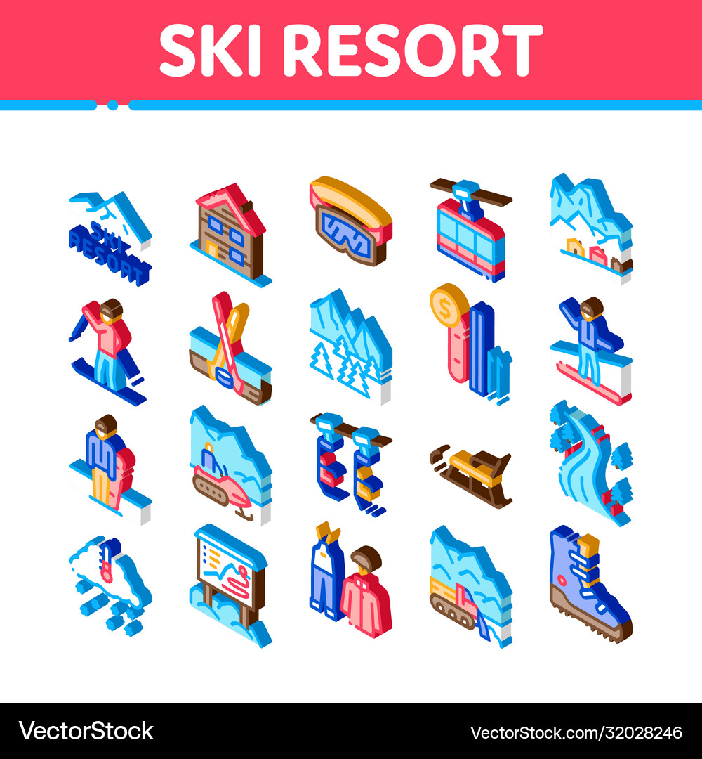 Ski resort vacation isometric icons set Royalty Free Vector