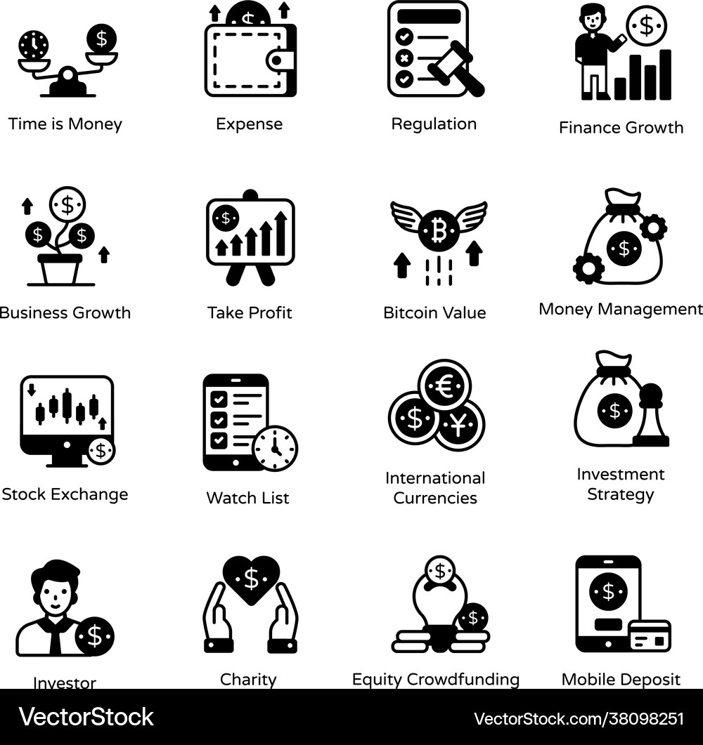 Money management solid icons pack Royalty Free Vector Image