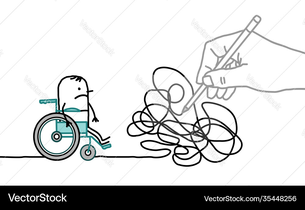 Big drawing hand with cartoon disabled man Vector Image