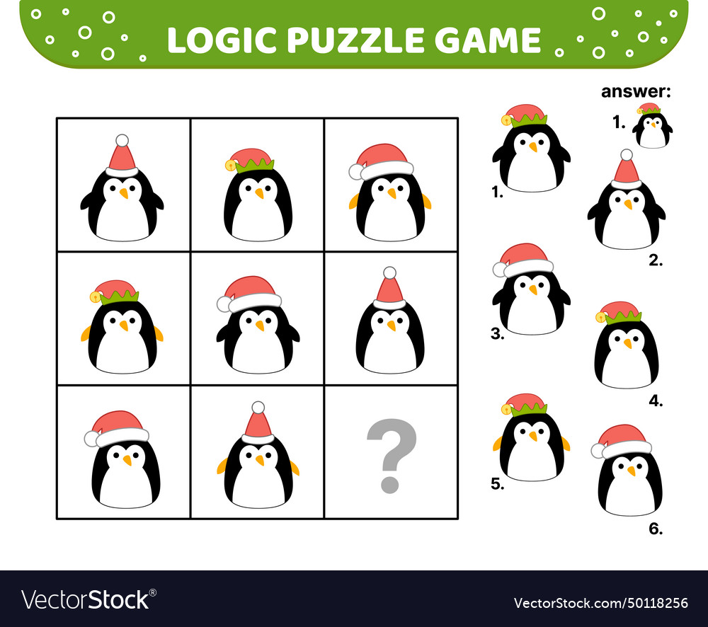 Logic puzzle game with penguins in christmas hats Vector Image