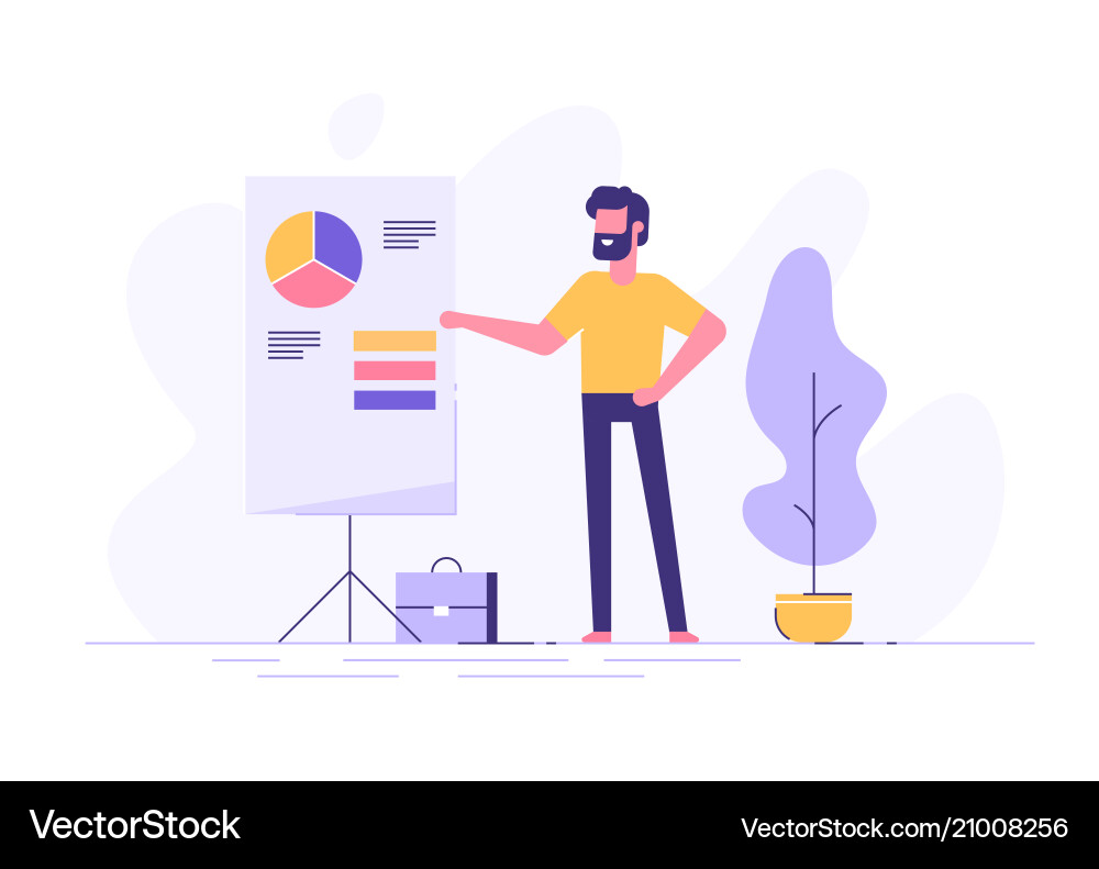 Man standing near flip chart and pointing graph Vector Image