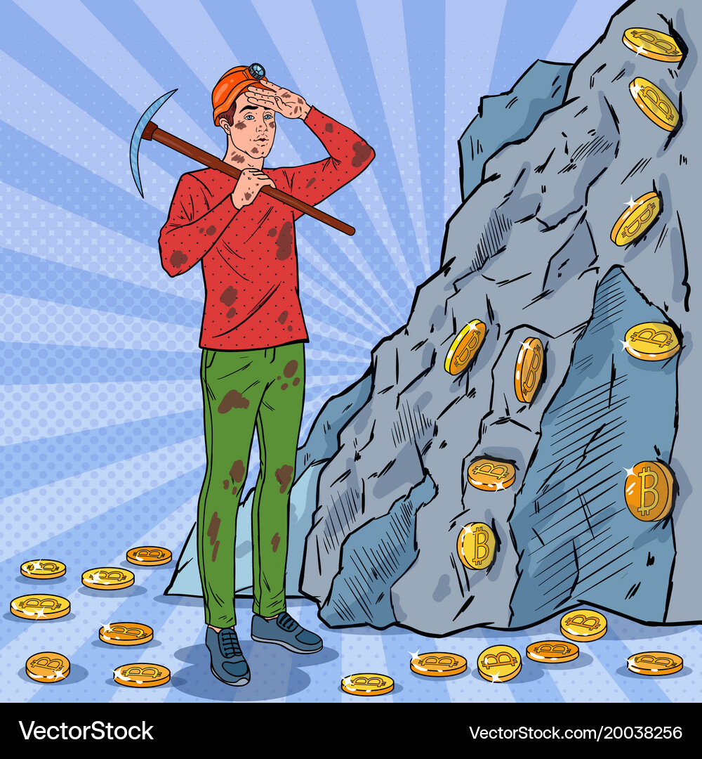 Pop art male miner with pickaxe mining bitcoin Vector Image