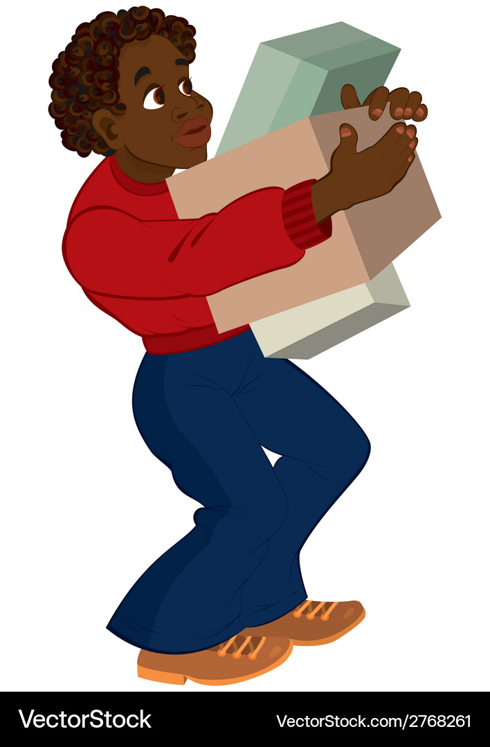 Cartoon black man in red sweater holding boxes Vector Image