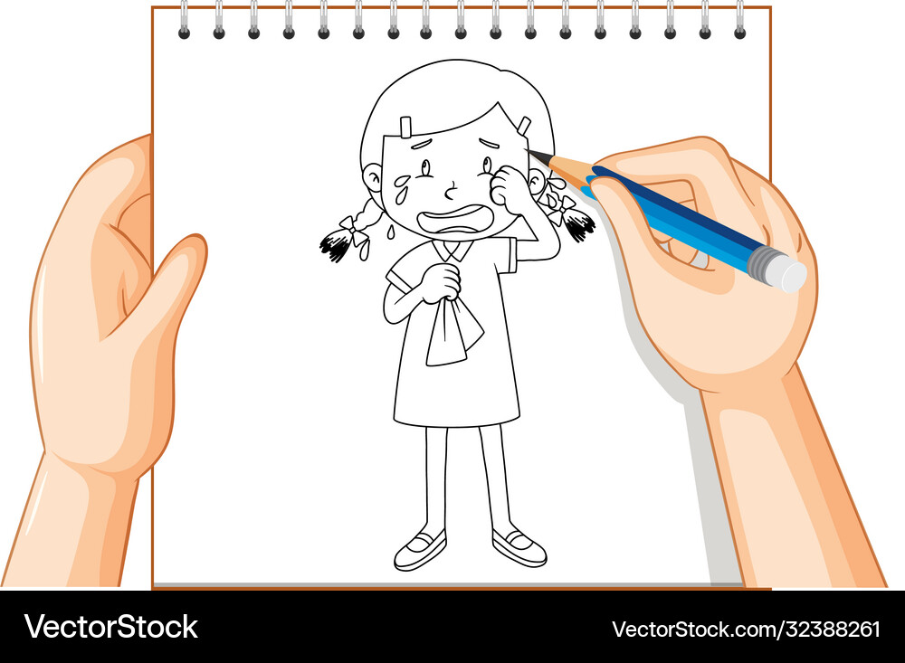 Hand writing girl crying outline Royalty Free Vector Image
