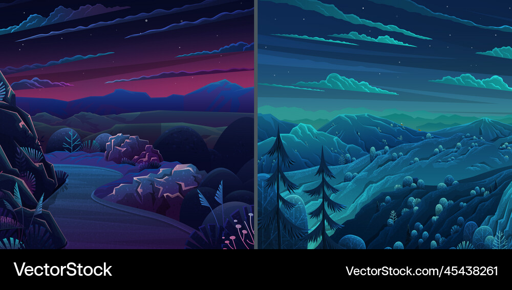 Mountain landscape background at night time road Vector Image