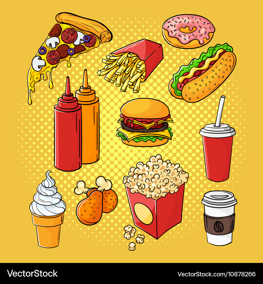 Hand drawn pop art set fast food Royalty Free Vector Image