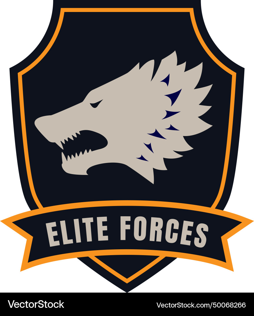Military emblem with wolf head on shield and elite