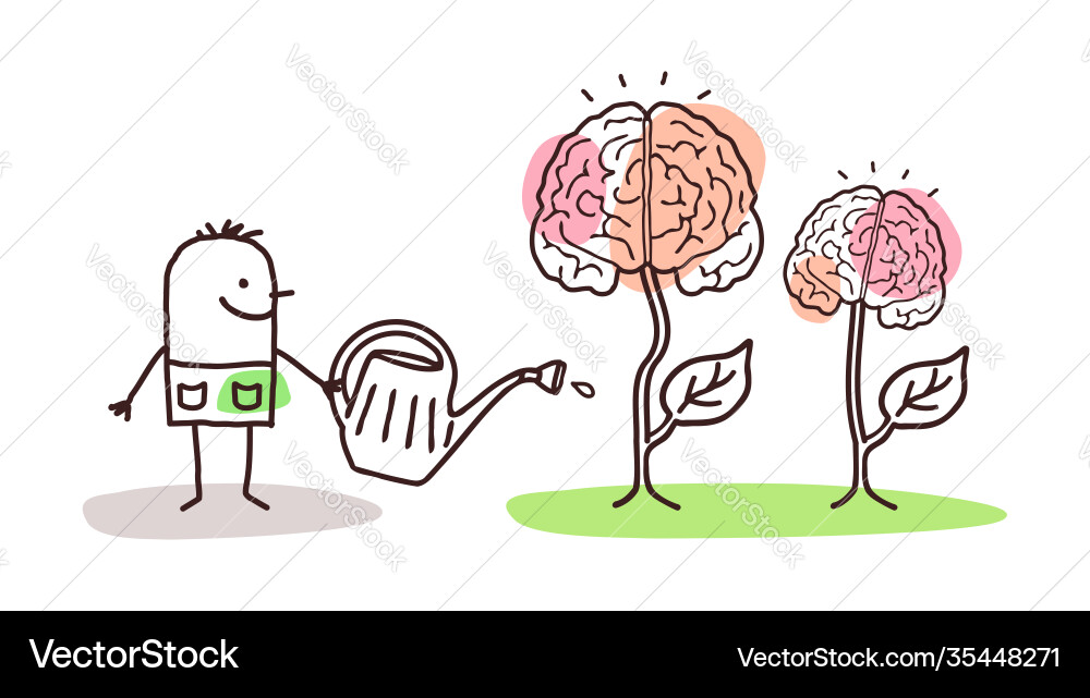 Cartoon man watering growing brains Royalty Free Vector