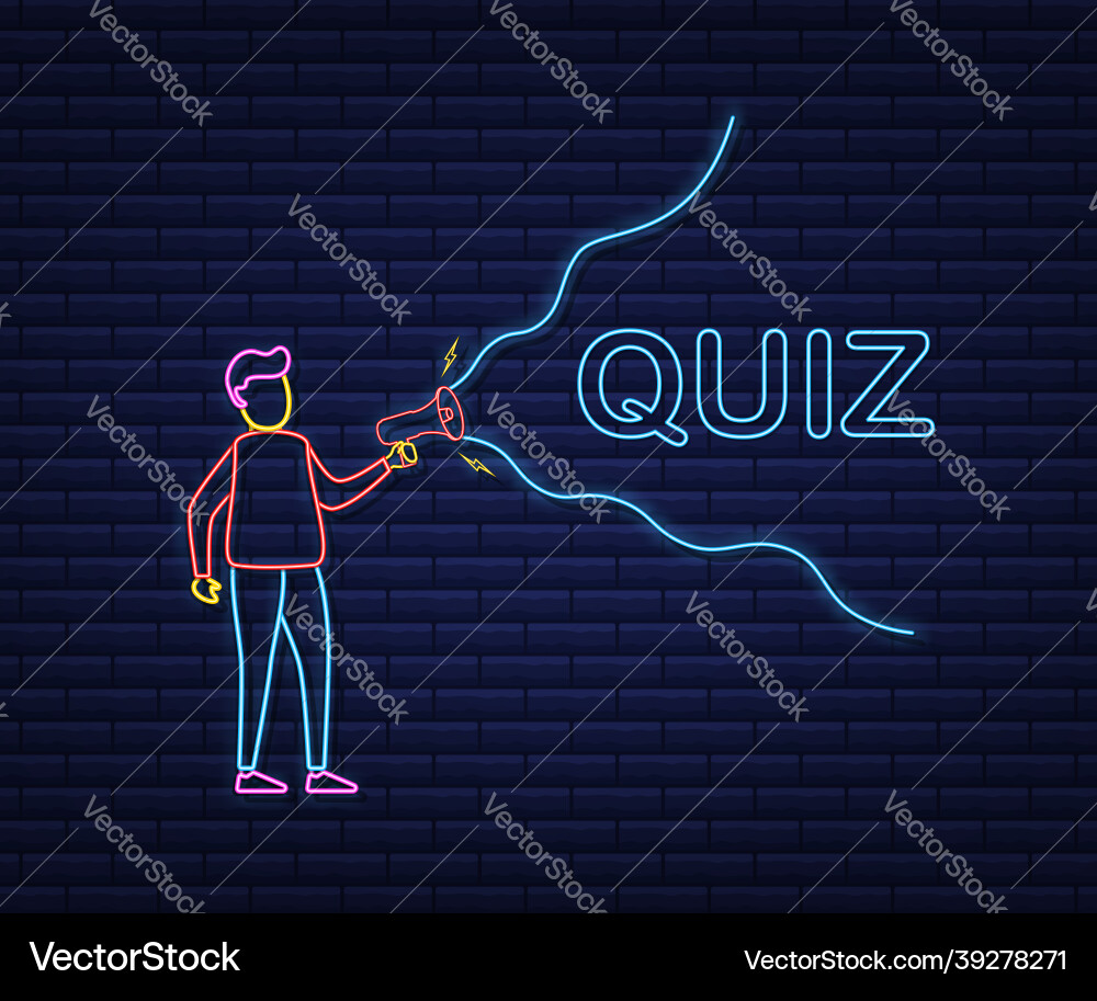 Hand holding megaphone - quiz neon icon Royalty Free Vector