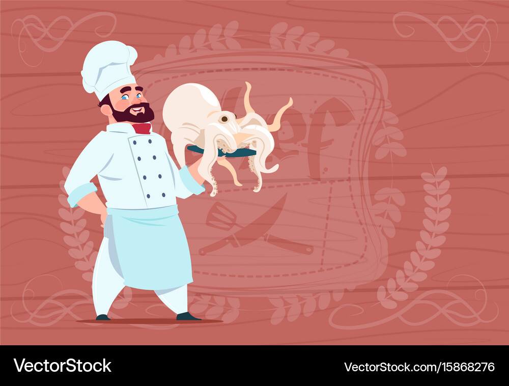 Chef cook hold octopus smiling cartoon restaurant Vector Image