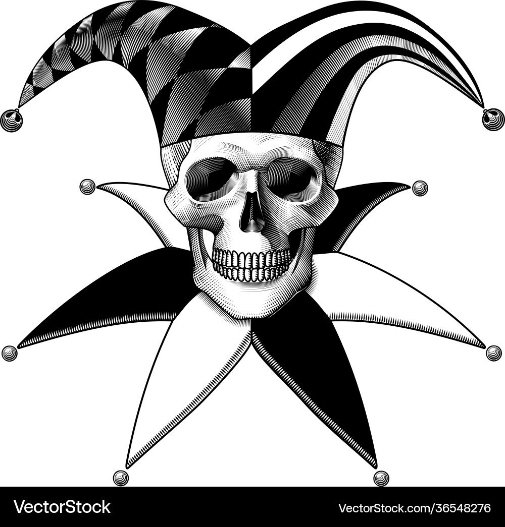 Engraved human skull full face in a joker hat Vector Image