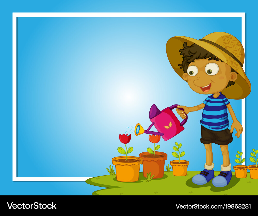 Border template with boy watering flowers Vector Image