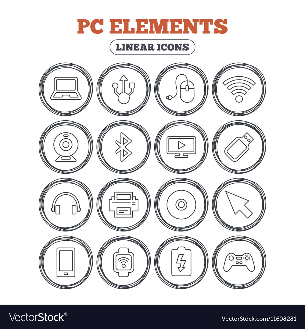 Computer elements icons notebook usb port Vector Image
