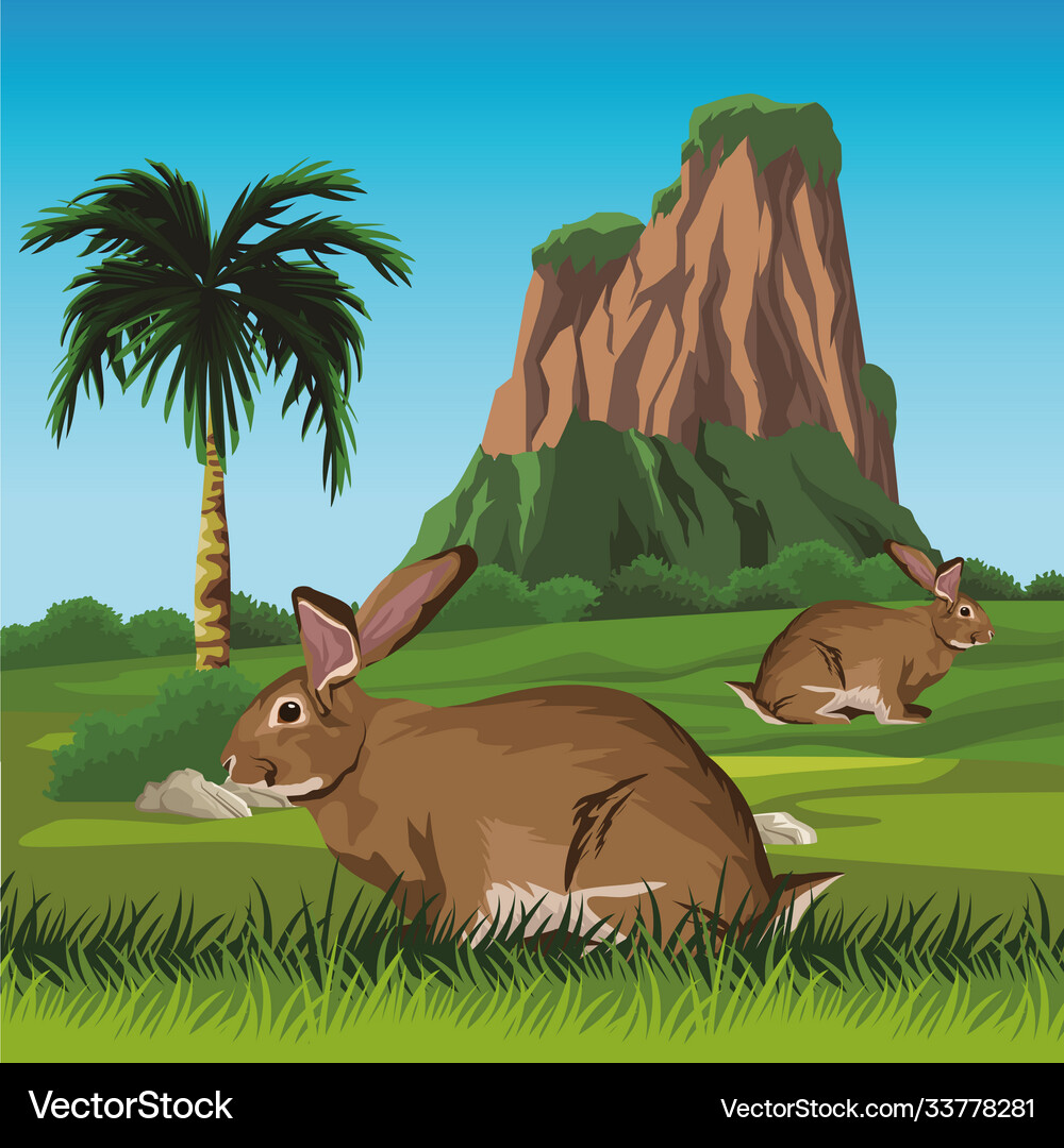 Cute wild rabbits in landscape Royalty Free Vector Image
