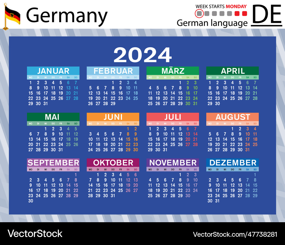German horizontal pocket calendar for 2024 week Vector Image