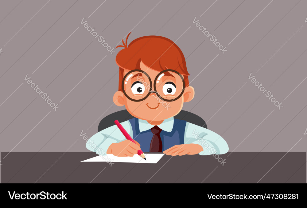Student boy writing at his desk at school Vector Image