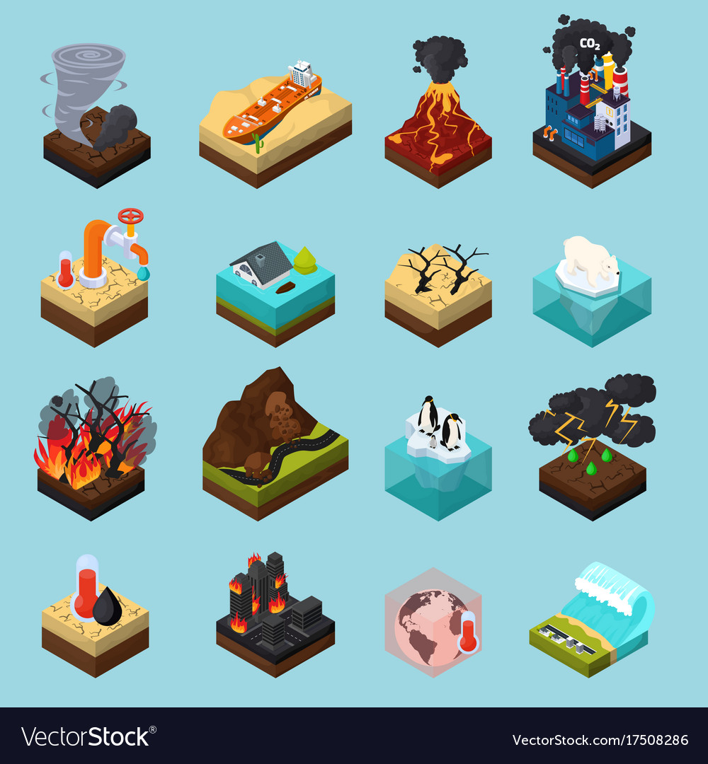 Global warming orthogonal isometric icons set Vector Image Global warming orthogonal isometric icons set Vector Image
