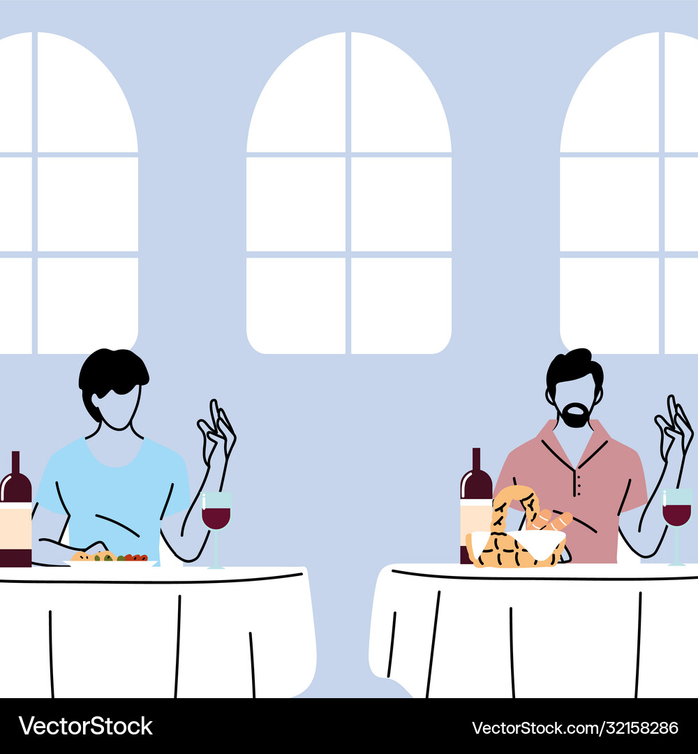 Social distancing in restaurant men eating Vector Image