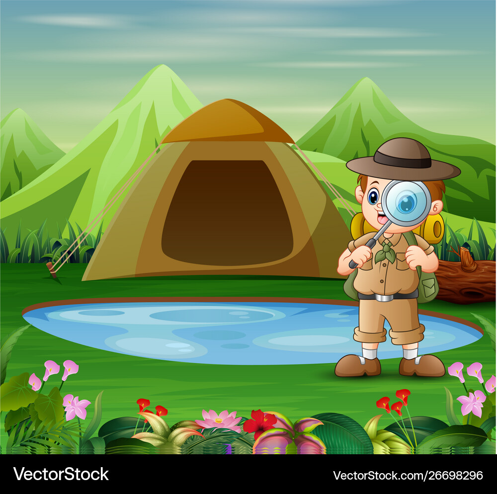 Explorer boy with a magnifying glass in nature Vector Image