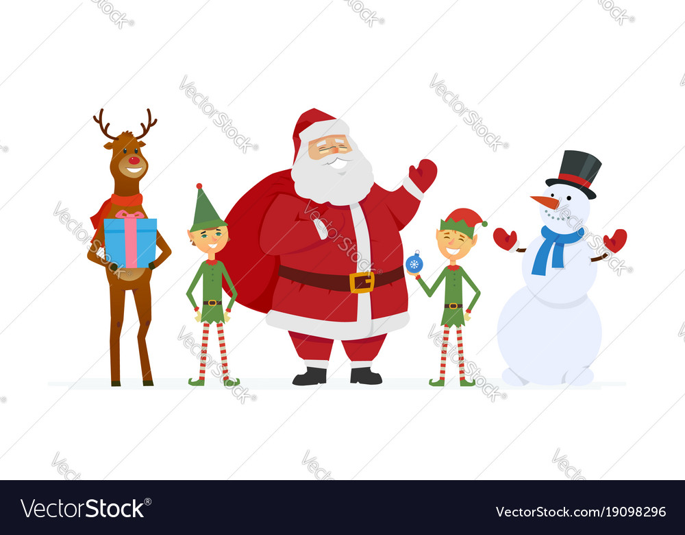 Santa with elves reindeer snowman - cartoon Vector Image