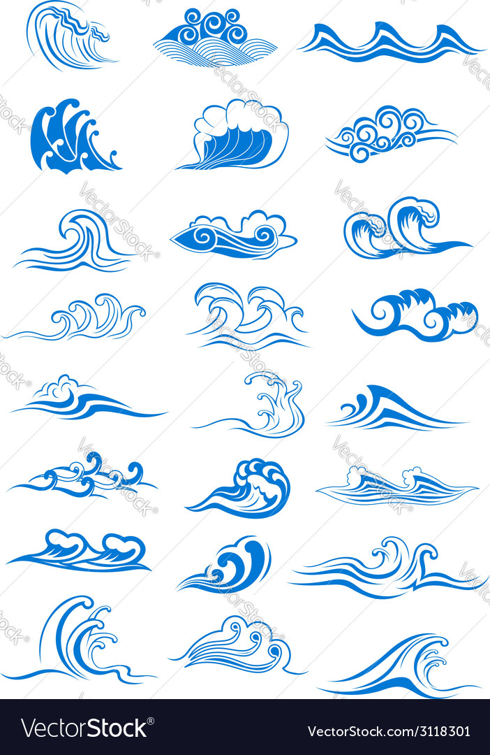 Blue ocean waves set Royalty Free Vector Image