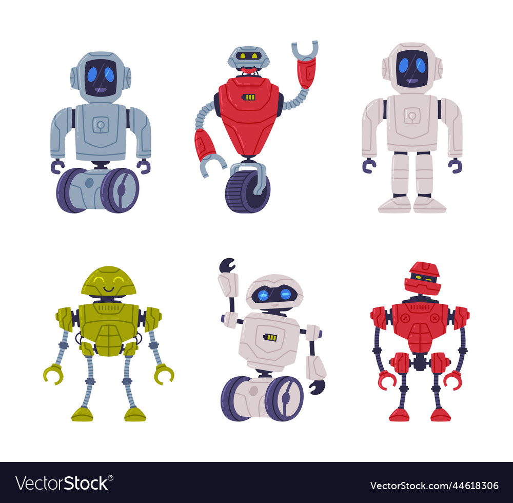 Cute robots cyborg with digital faces set Vector Image