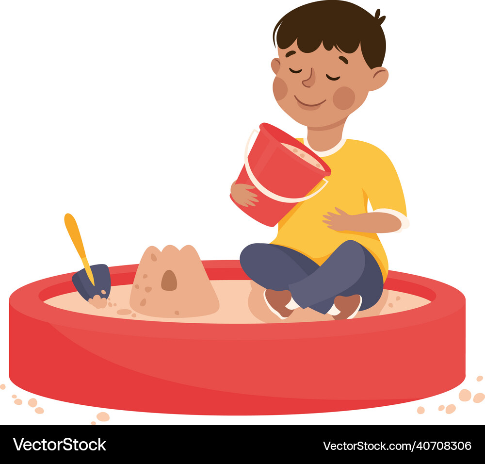 Smiling boy sitting in sand box with bucket Vector Image