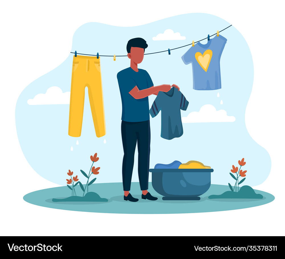 Man hanging wet clean clothes on rope Royalty Free Vector